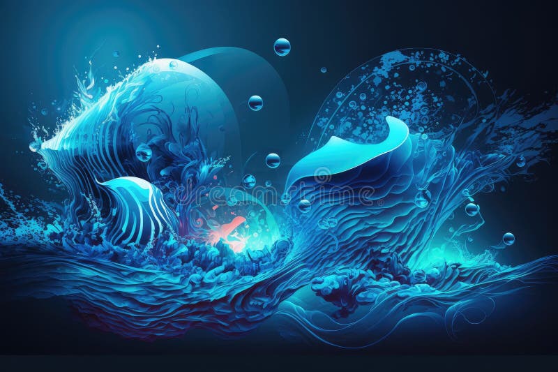 Blue Liquid Wave Background with Floating Objects and Light Reflections ...