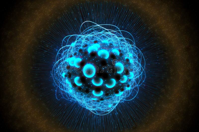 Blue-lit Atom Orbit with Particles on Dark Background Stock ...