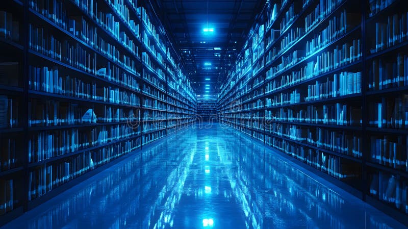 Blue Lit Bookshelf Corridor Modern Library Interior Design Stock ...