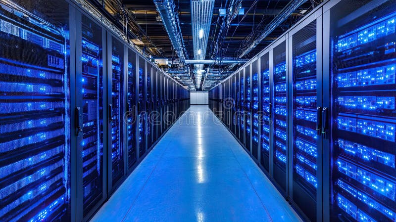 Blue Lit Data Center Server Room Aisle Stock Illustration ...