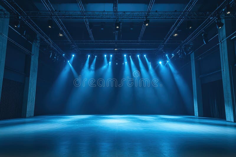 Blue Lit Empty Stage with Spotlights, Trussing and Metal Rigging ...