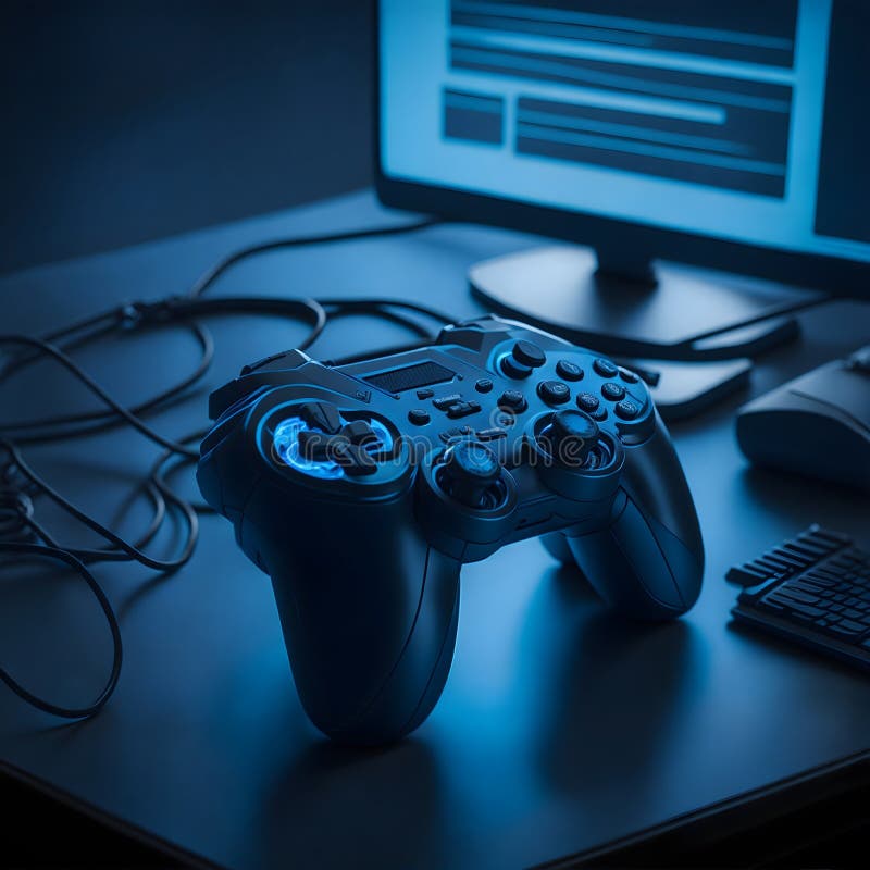 Blue-Lit Gaming Setup Black Controller Stock Illustration ...