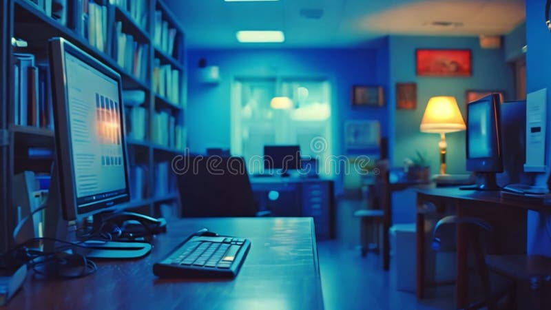 A Blue-Lit Home Office Space with a Desktop Computer and Keyboard Stock ...