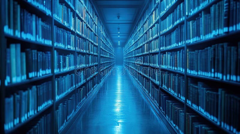 Blue-lit Library Aisle, Bookshelves, Knowledge, Research, Quiet Study ...