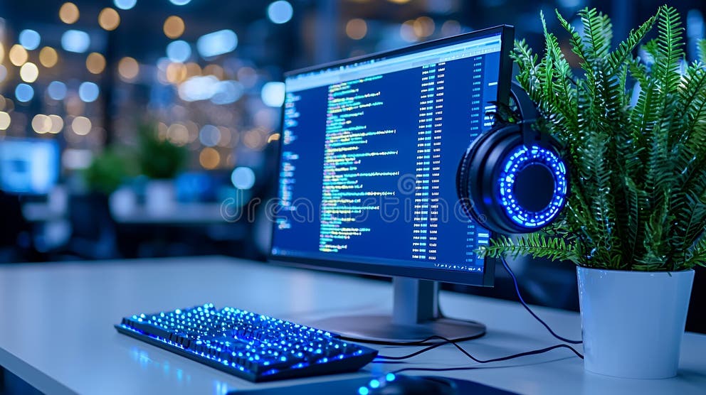 Blue Lit Modern Office Workspace with Coding Displayed on Computer ...