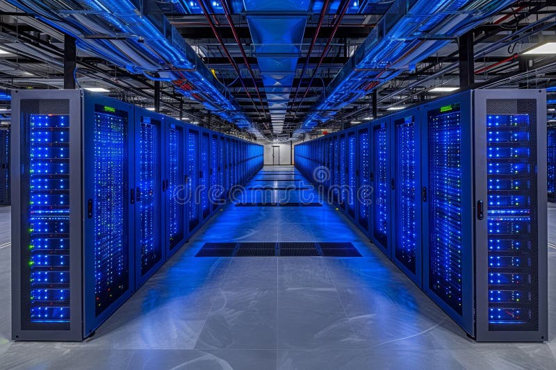 Blue Lit Rows of Server Cabinets in Modern Data Center Aisle Stock ...