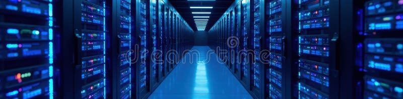 Blue Lit Server Racks in a Dark Data Center Hallway, Racks, Cloud ...
