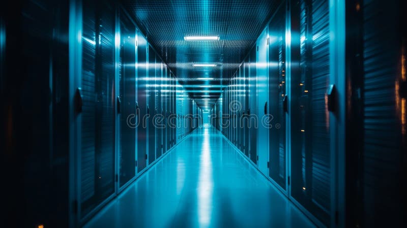 Blue-lit Server Room Corridor with Modern Data Storage Units Stock ...