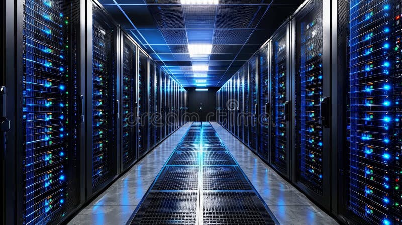 Blue Lit Server Room Data Center Corridor, Digital Infrastructure ...