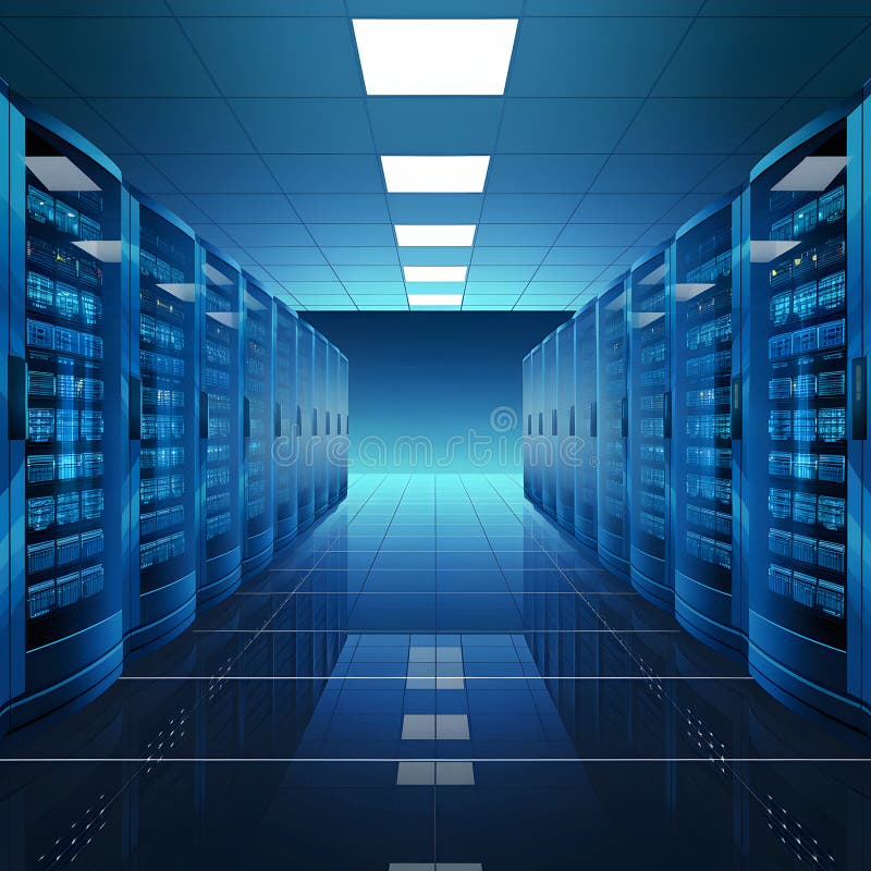 Blue Lit Server Room with Electronic Racks and Mirrored Floor ...