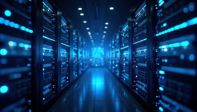 Blue-lit Server Room with Glowing Data Racks Stock Image - Image of ...
