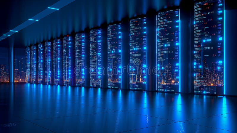 Blue-Lit Server Room with Urban Skyline Background Stock Illustration ...
