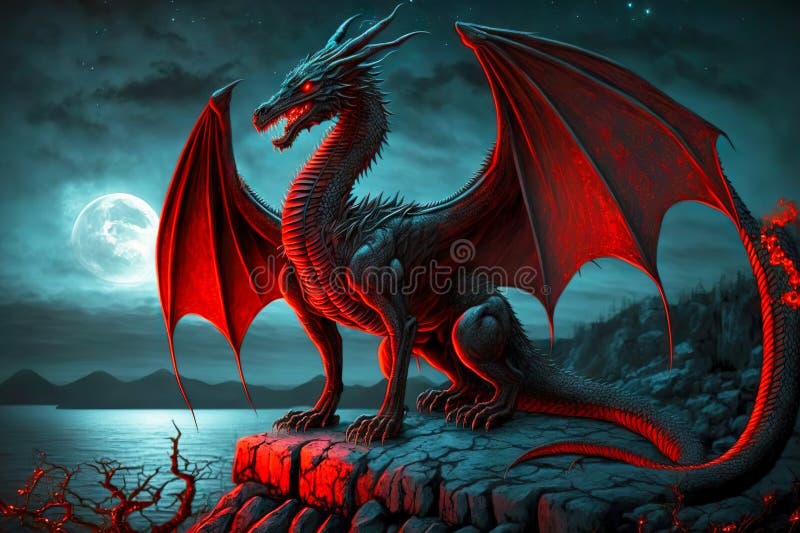 Blue-lit View of Red Dragons on Rock Stock Illustration - Illustration ...