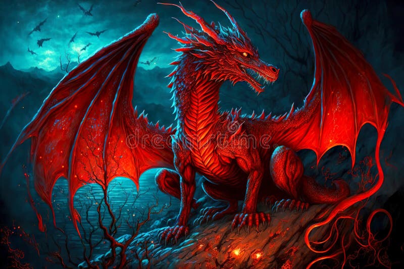 Blue-lit View of Red Dragons on Rock Stock Illustration - Illustration ...