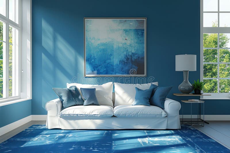 A Blue Living Room with a Dark Blue Wall Stock Image - Image of sofa ...