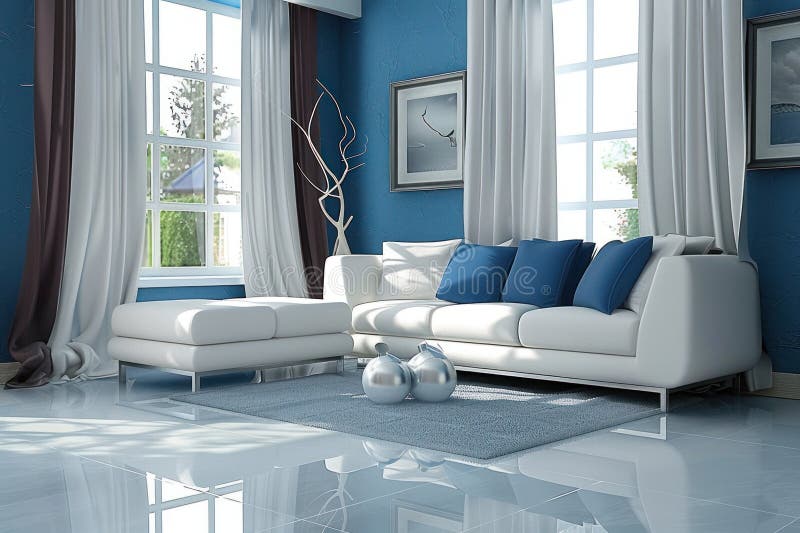 A Blue Living Room with a Dark Blue Wall Stock Photo - Image of space ...