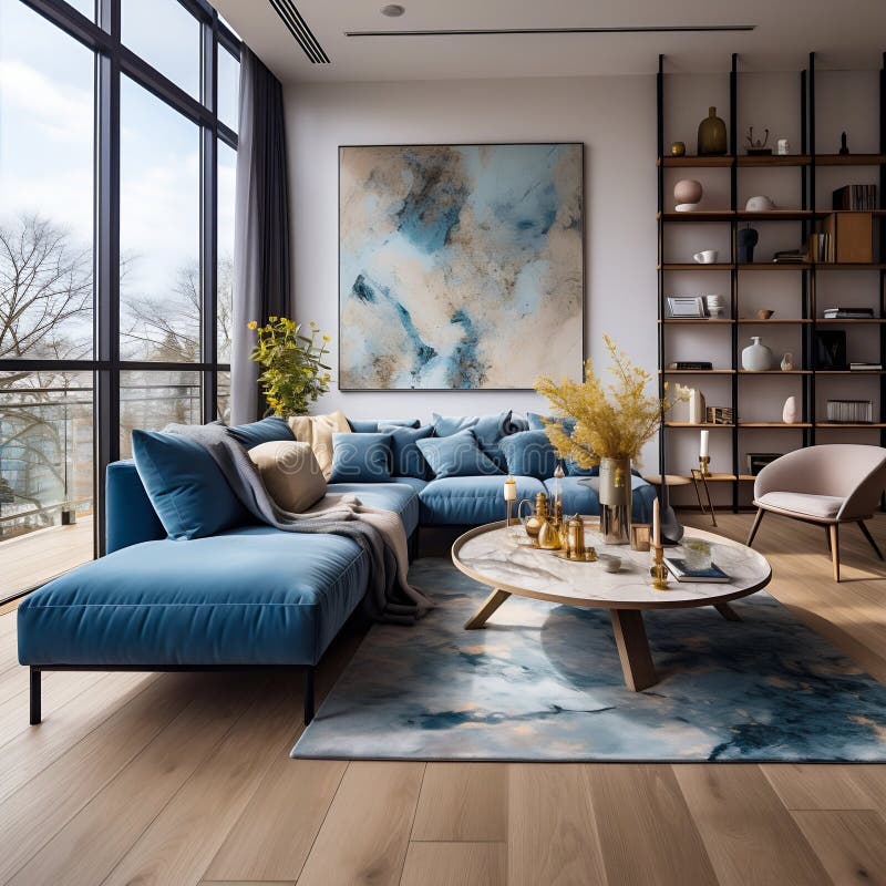Blue Living Room Interior Design with Large Windows. Generative AI ...