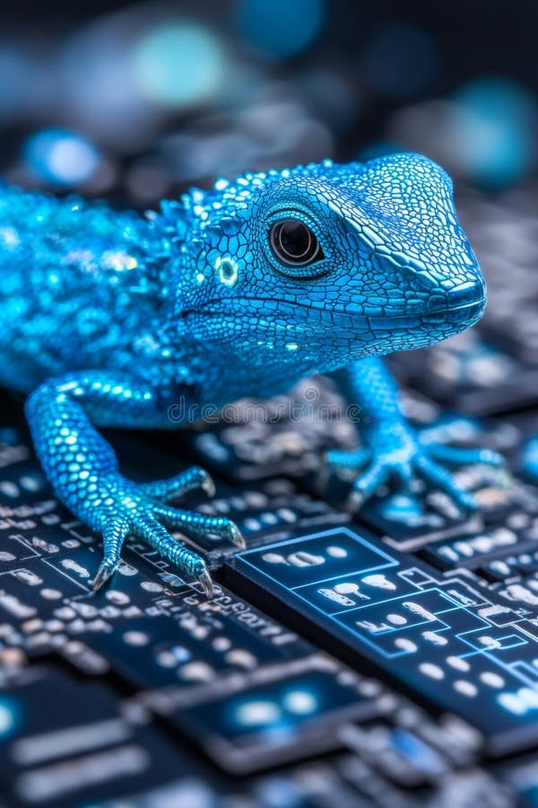 Blue Lizard on Circuit Board, Representing Technology, Innovation, and ...