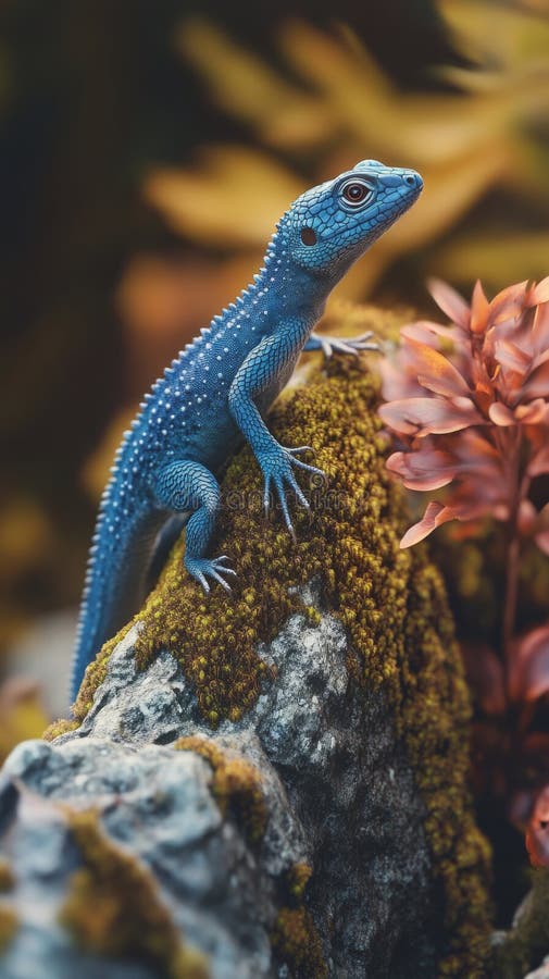 Blue lizard on mossy rock stock photo. Image of outdoors - 335059886