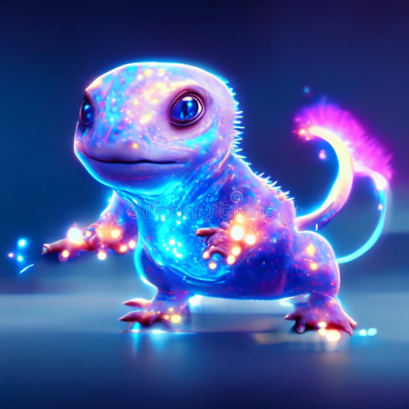 Blue Lizard with Neon Lights on Dark Background. 3D Rendering Stock ...