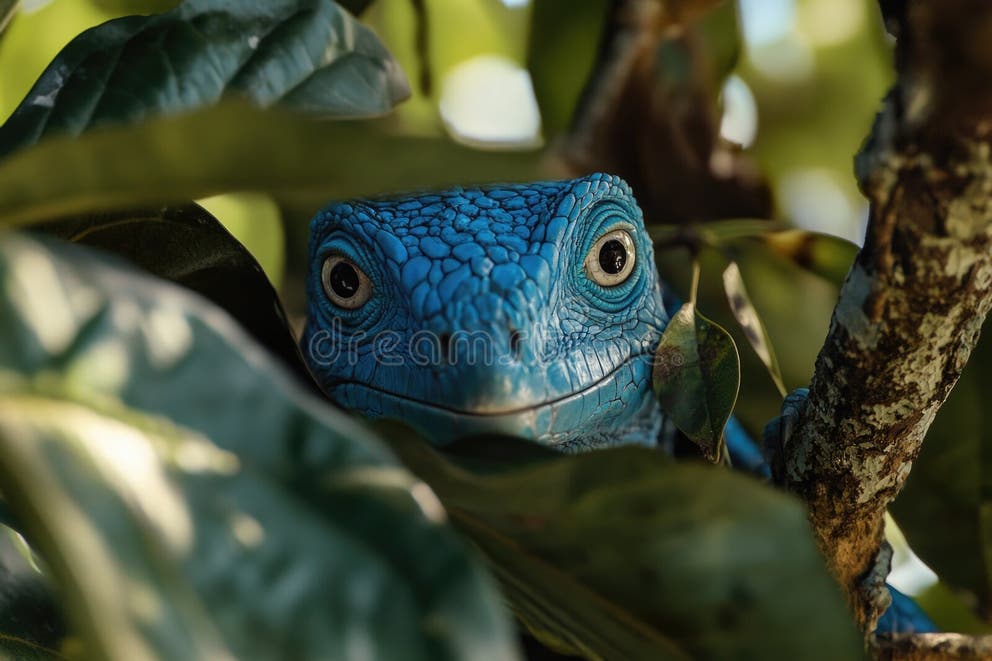 Blue Lizard Peeking from Leaves Stock Image - Image of blue ...