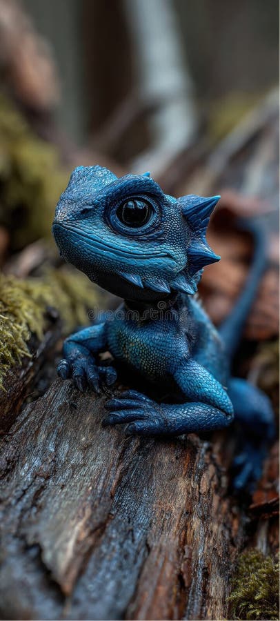 Blue Lizard Resting on a Tree Trunk in the Forest, Facing the Camera ...