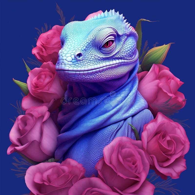 A Blue Lizard Style Creature Surrounded by Beautiful Floral. Stock ...