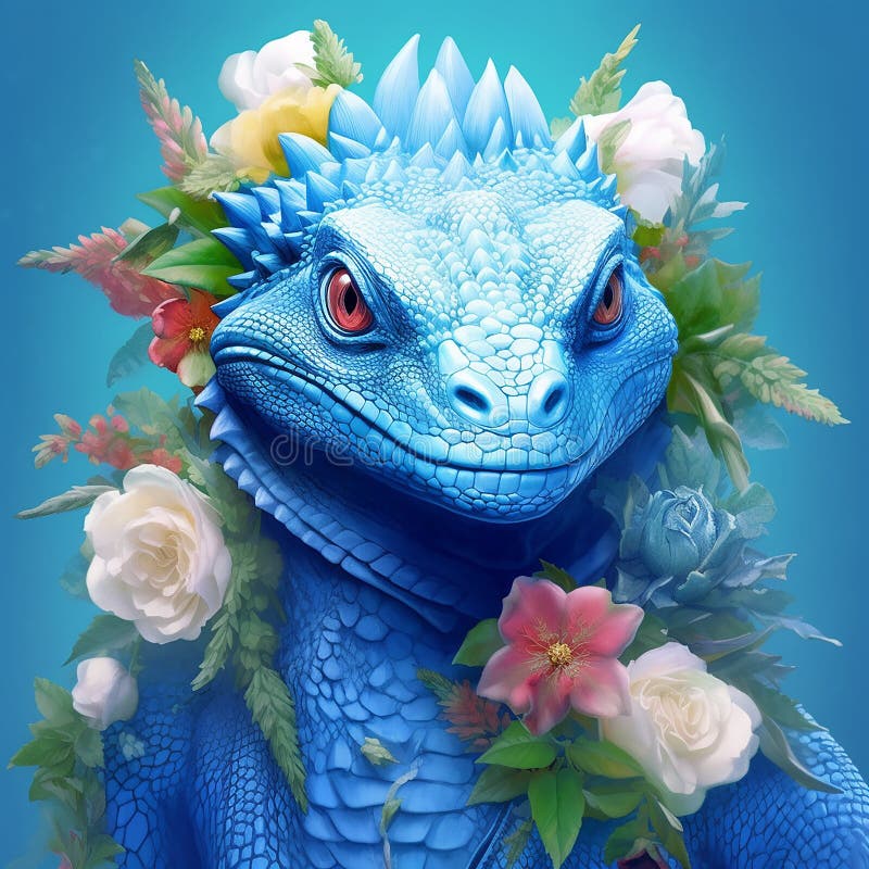 A Blue Lizard Style Creature Surrounded by Beautiful Floral. Stock ...