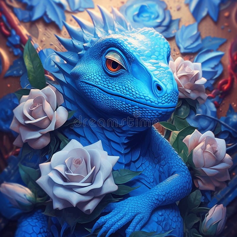 A Blue Lizard Style Creature Surrounded by Beautiful Floral. Stock ...
