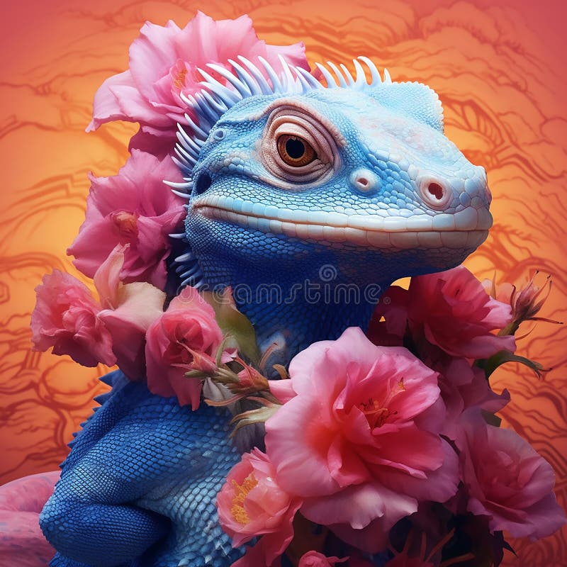A Blue Lizard Style Creature Surrounded by Beautiful Floral. Stock ...