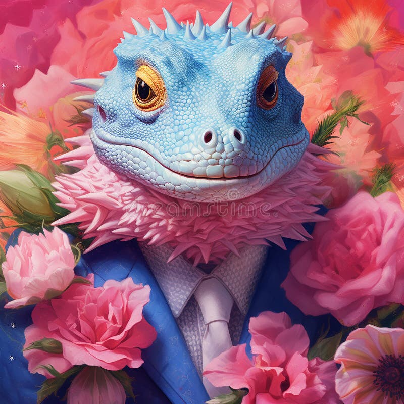 A Blue Lizard Style Creature Surrounded by Beautiful Floral. Stock ...
