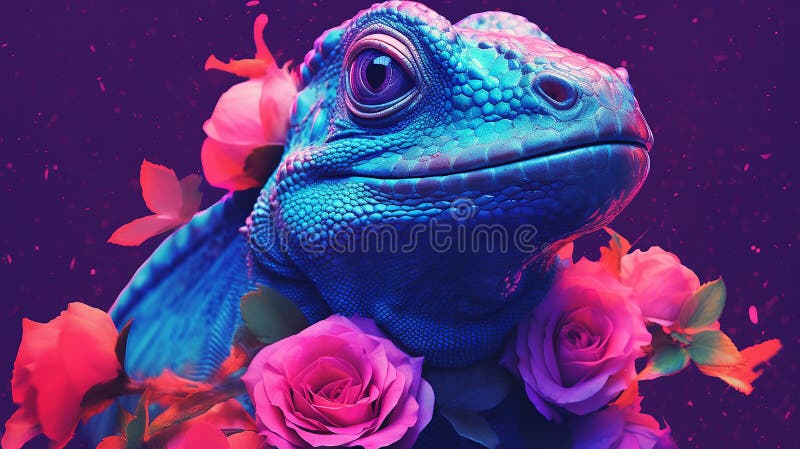A Blue Lizard Style Creature Surrounded by Beautiful Floral. Stock ...