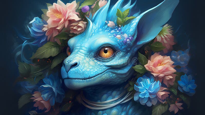 A Blue Lizard Style Creature Surrounded by Beautiful Floral. Stock ...