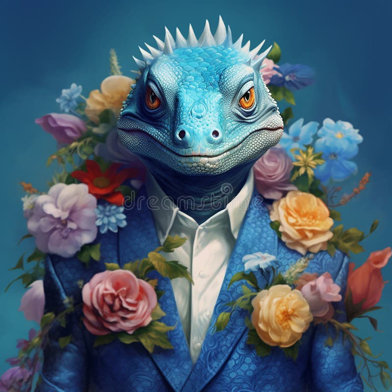 A Blue Lizard Style Creature Surrounded by Beautiful Floral. Stock ...