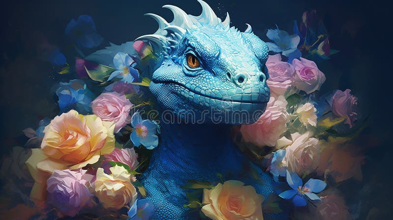 A Blue Lizard Style Creature Surrounded by Beautiful Floral. Stock ...
