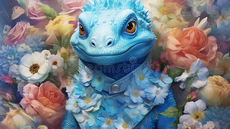 A Blue Lizard Style Creature Surrounded by Beautiful Floral. Stock ...