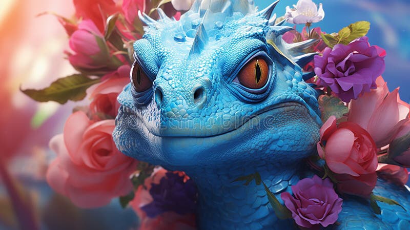 A Blue Lizard Style Creature Surrounded by Beautiful Floral. Stock ...