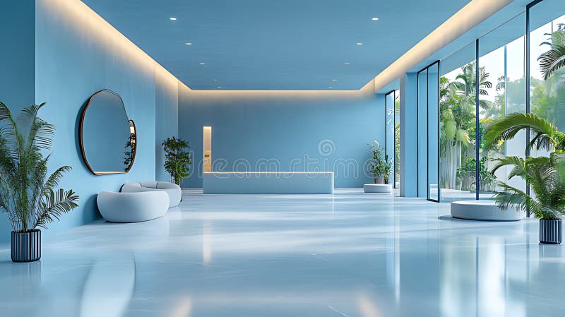 Blue Lobby Reception Tropical View Design Stock Illustration ...