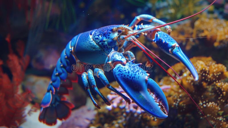 A Blue Lobster Swimming among Corals in an Aquarium Setting Stock Image ...