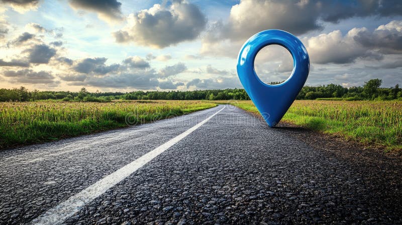 Blue Location Pin on Open Highway Under Dramatic Cloudy Sky Stock Image ...
