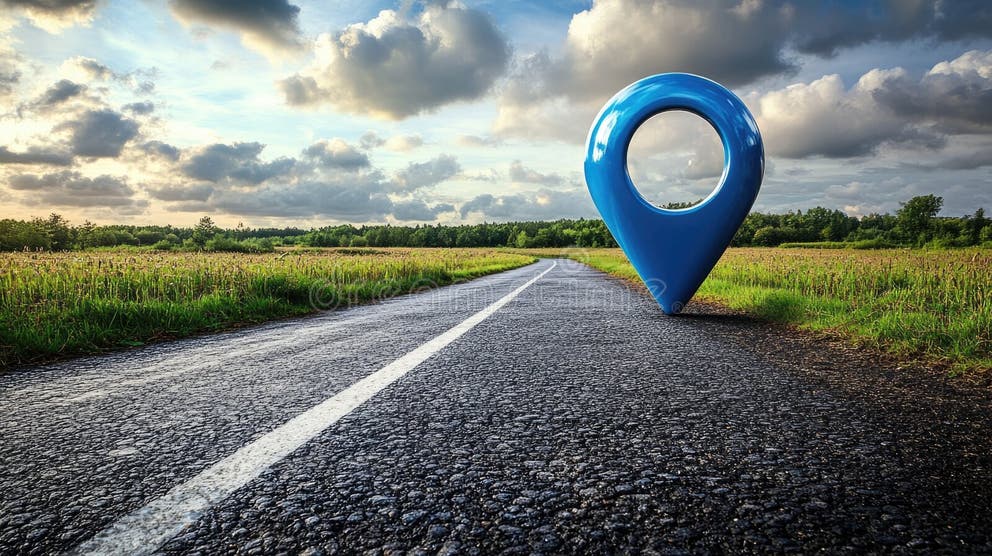 Blue Location Pin on Open Highway Under Dramatic Cloudy Sky Stock Image ...