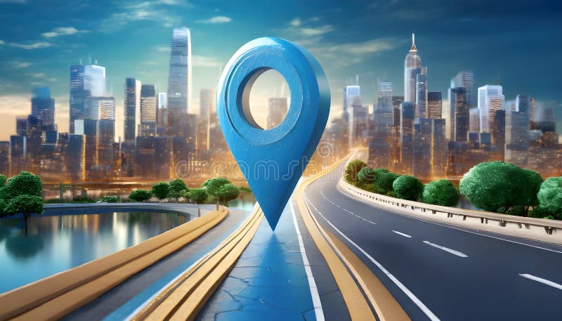 Blue Location Pin in the Road Stock Illustration - Illustration of plot ...