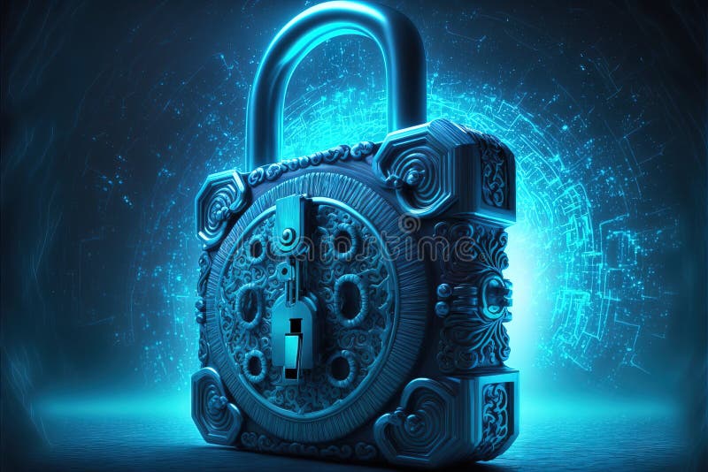A Blue Lock with a Key on it in a Dark Room with a Blue Background and ...