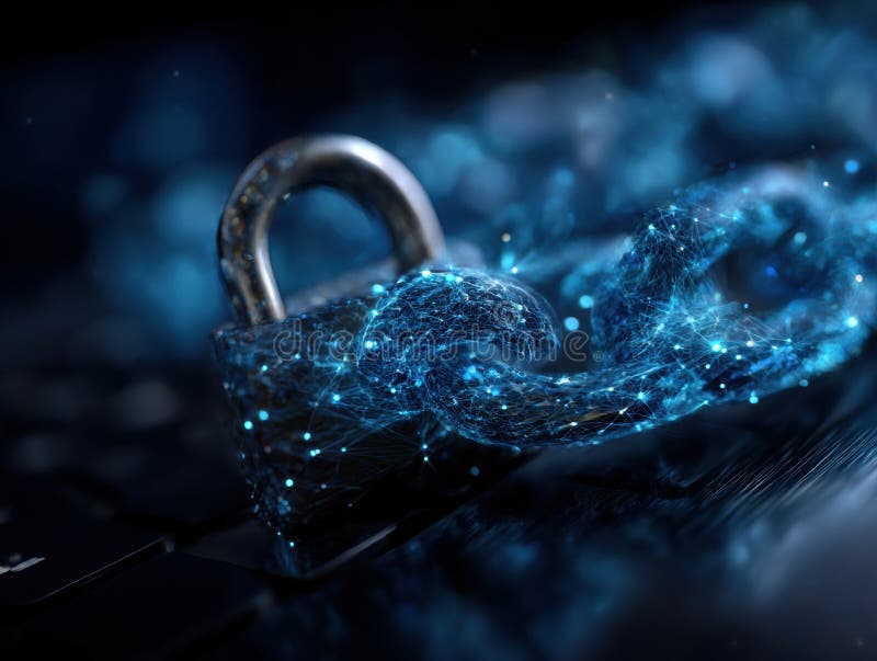 Blue Lock with a Keyhole and a Blue Digital Chain Stock Illustration ...