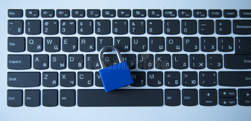 Blue Lock on the Laptop on the Desk. Stock Image - Image of protection ...