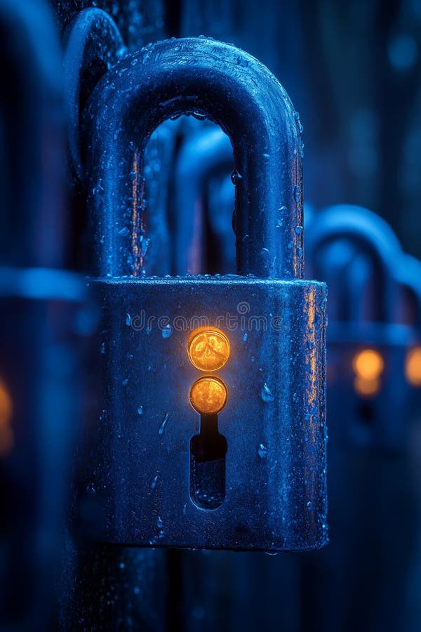 A Blue Lock with a Yellow Light on it. the Lock is Surrounded by Other ...