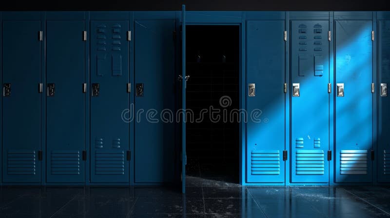 Blue Lockers in a Dimly Lit Room with One Door Open, Generative AI ...