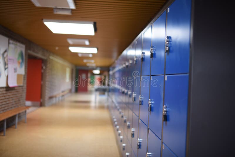Blue Lockers in School Hallway Stock Photo - Image of checkroom, safety ...