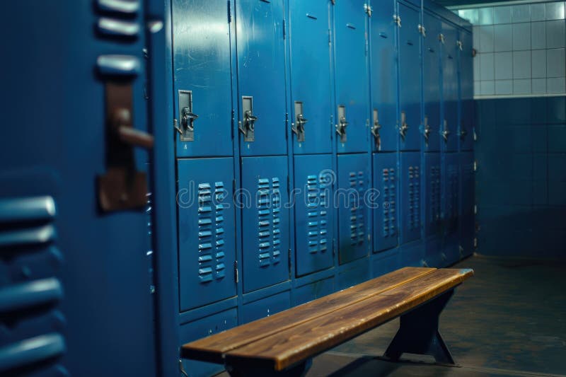 Blue Lockers and Wooden Bench Stock Photo - Image of furniture ...