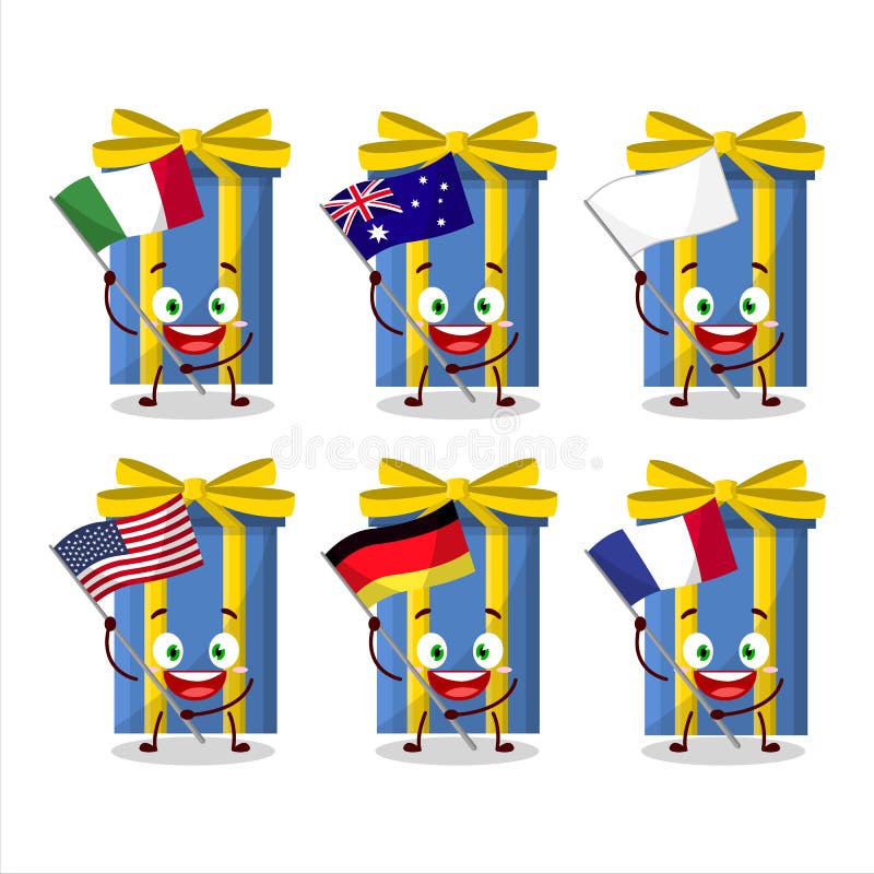 Blue Long Gift Box Cartoon Character Bring the Flags of Various ...